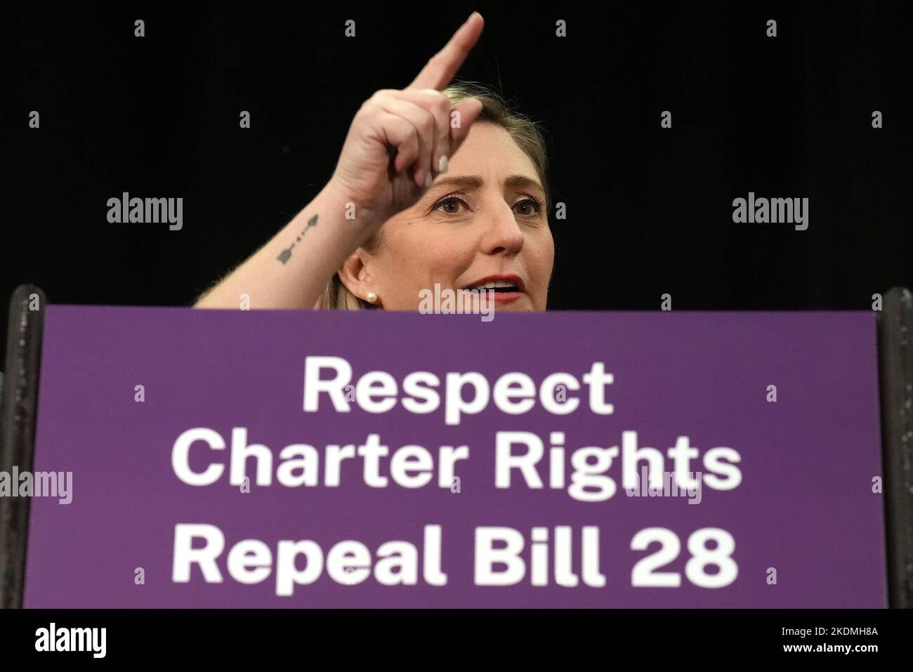 CUPE-OSBCU president Laura Walton responds to a question at a press ...