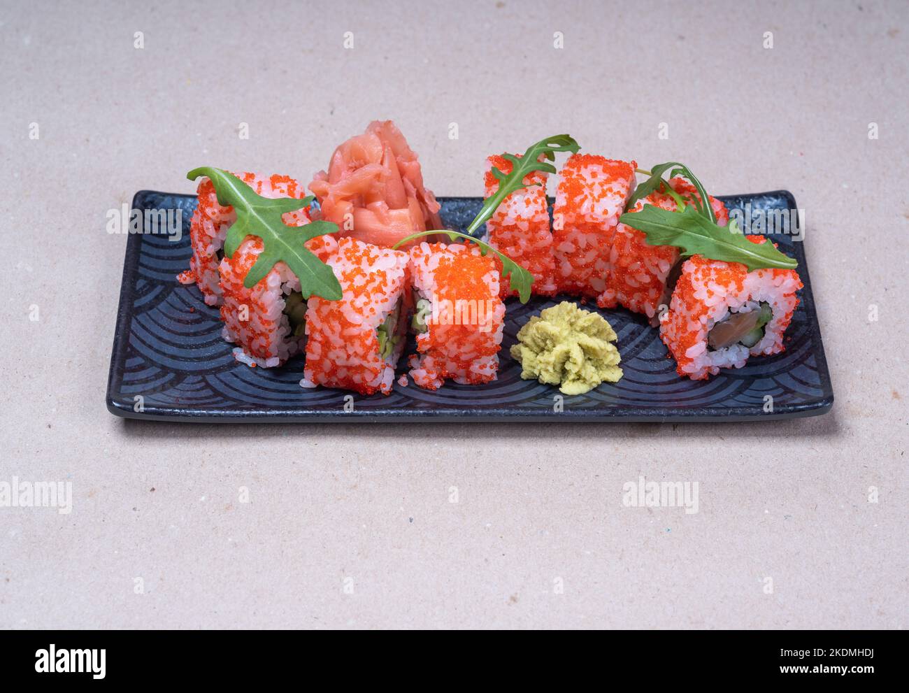 Аresh rolls with masago caviar, wasabi, pickled ginger. Asian cuisine ...