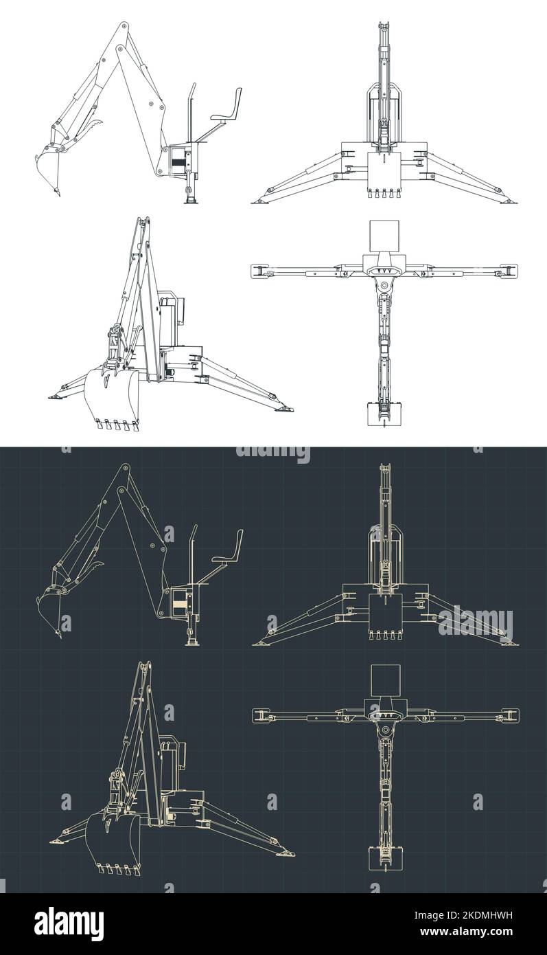 Stylized vector illustration of blueprints of backhoe loader Stock ...