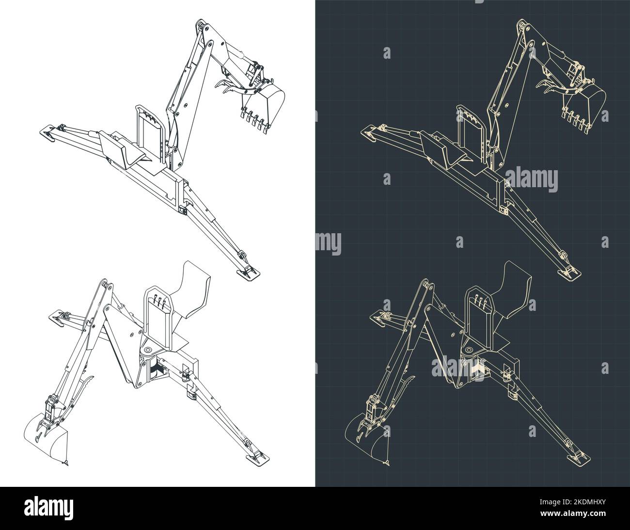 Stylized vector illustration of isometric blueprints of backhoe loader ...