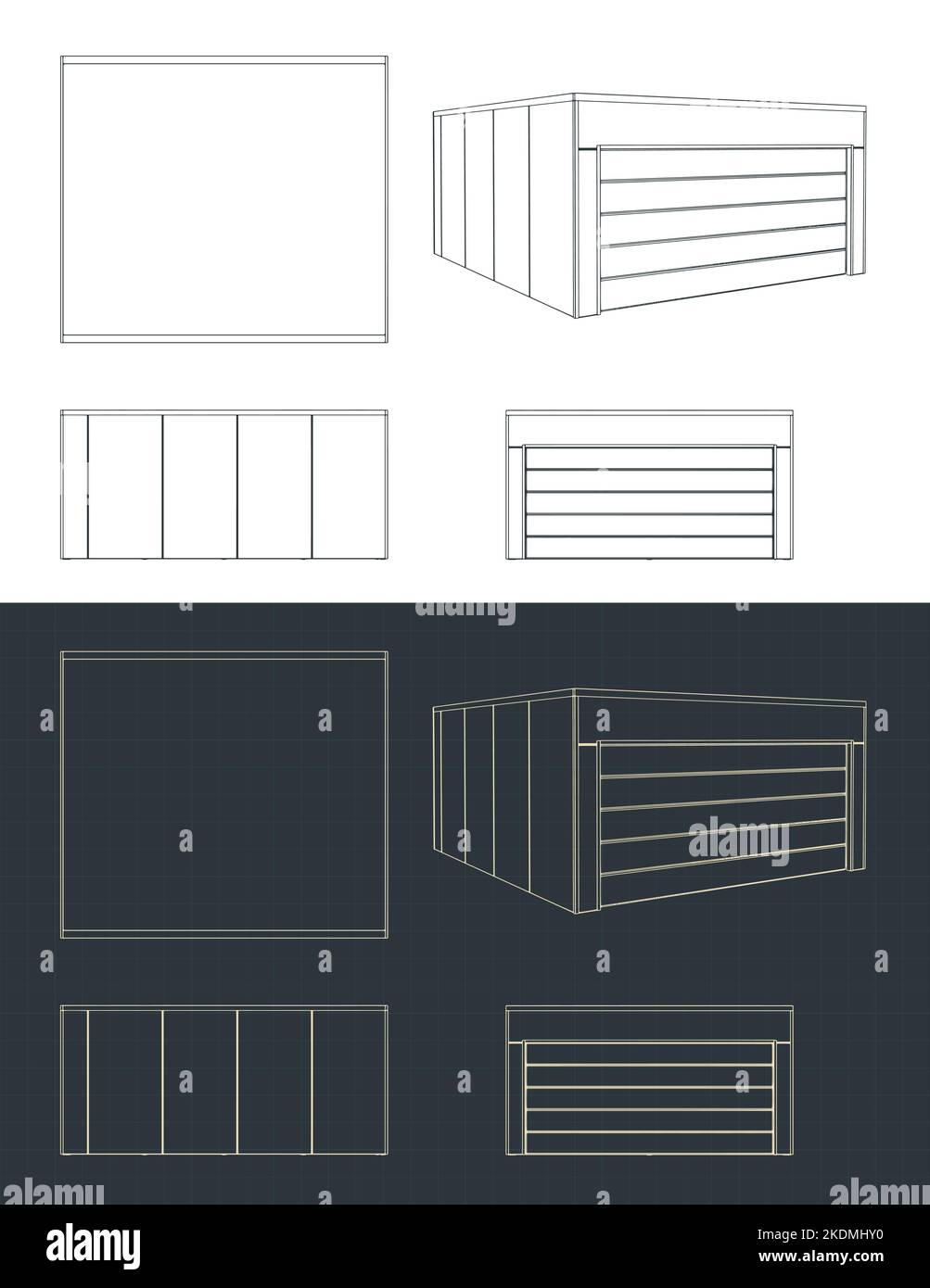 Stylized vector illustration of two car garage isometric blueprints ...