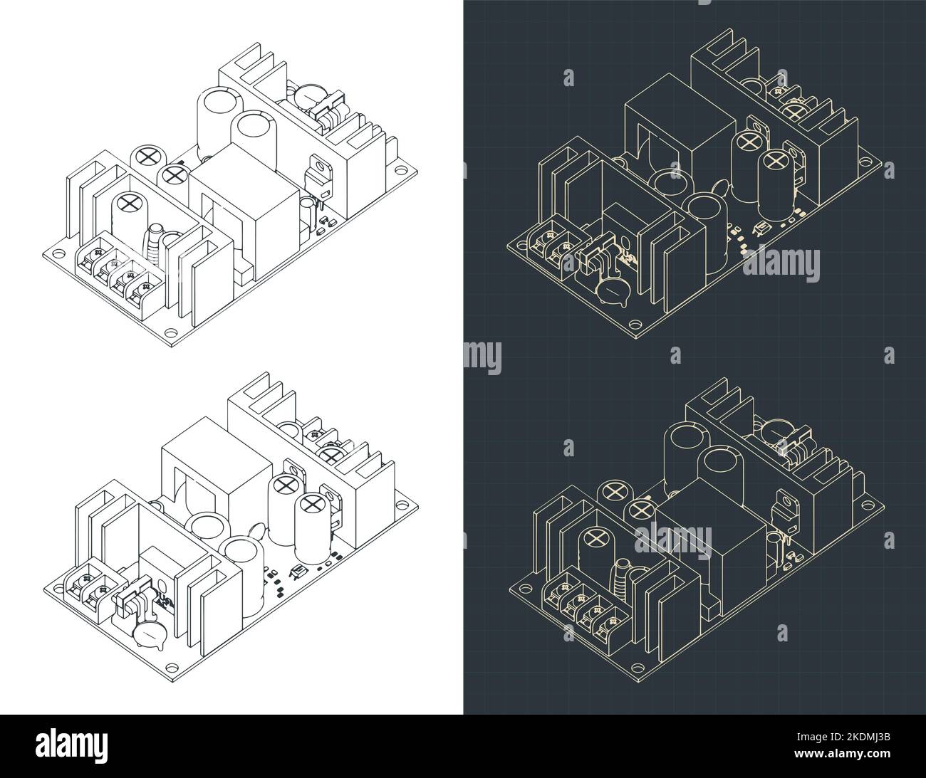 Stylized vector illustration of isometric blueprints of power supply ...