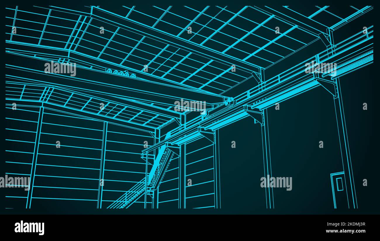 Stylized vector illustration of industrial hall building interior Stock ...