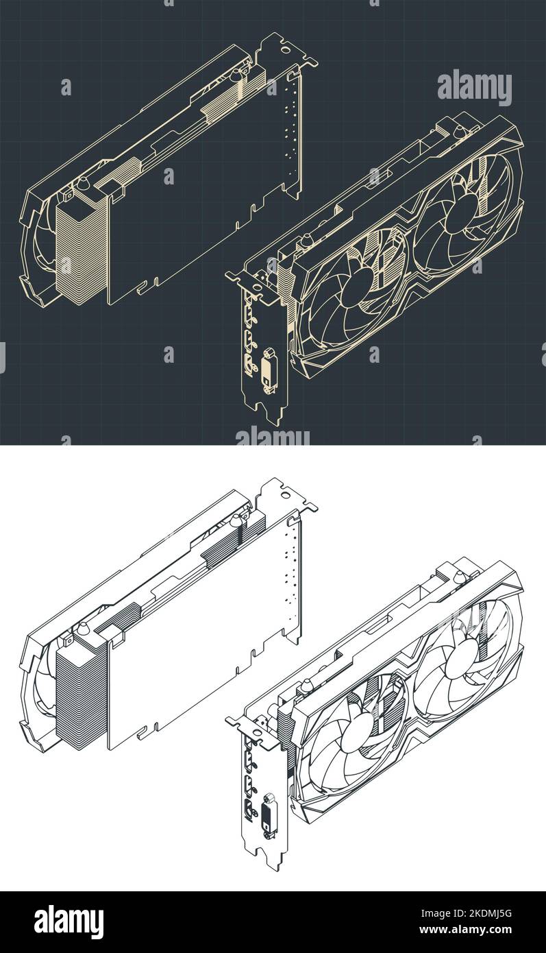 Stylized vector illustration of isometric blueprints of graphics card ...