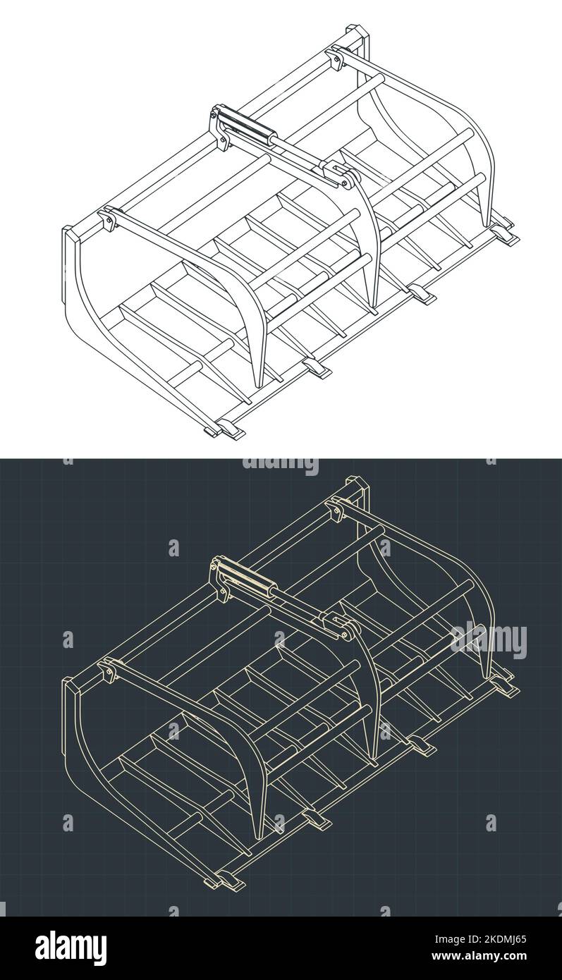Stylized vector illustration of isometric blueprints of grapple bucket ...