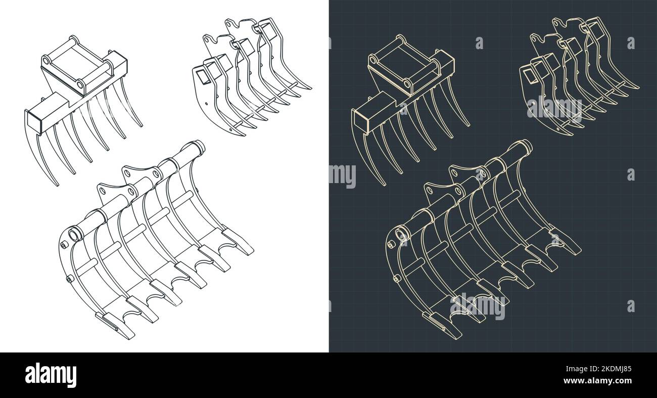 Stylized vector illustration of isometric blueprints of rake for ...