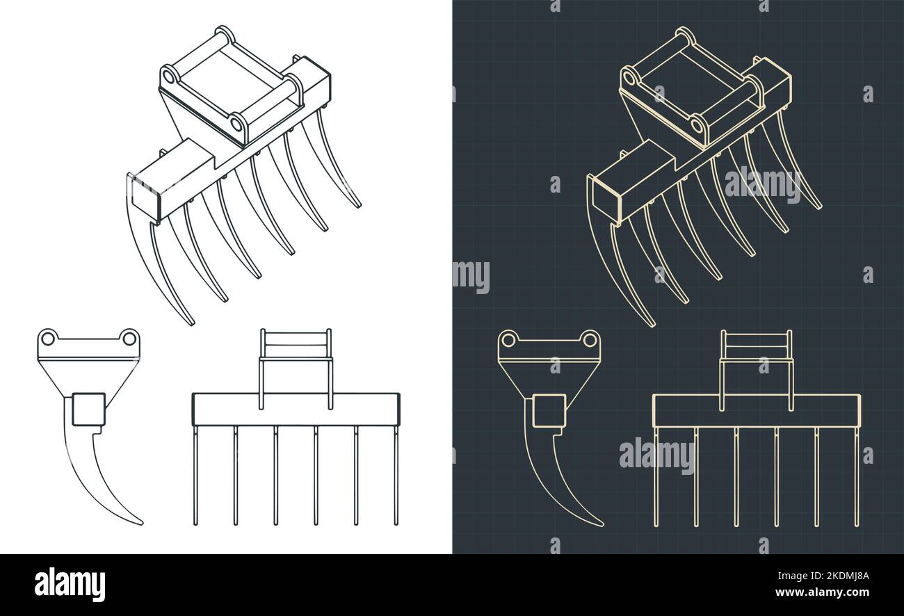 Stylized vector illustration of blueprints of small rake for excavator ...