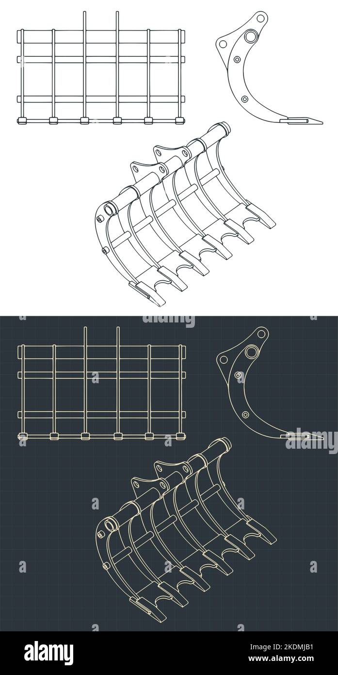 Stylized vector illustration of blueprints of rake for excavator Stock ...