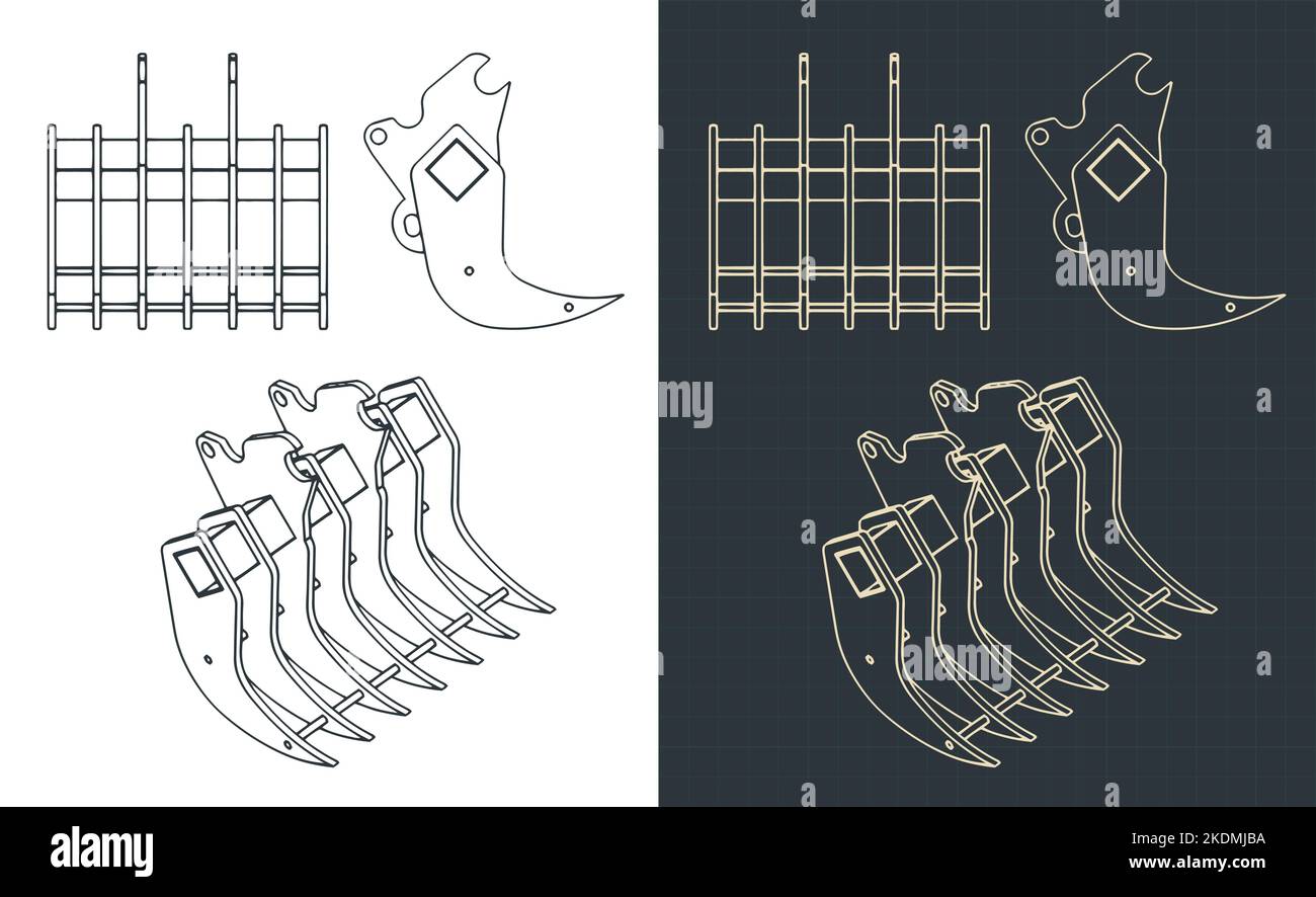 Stylized vector illustration of blueprints of root rake for excavator ...