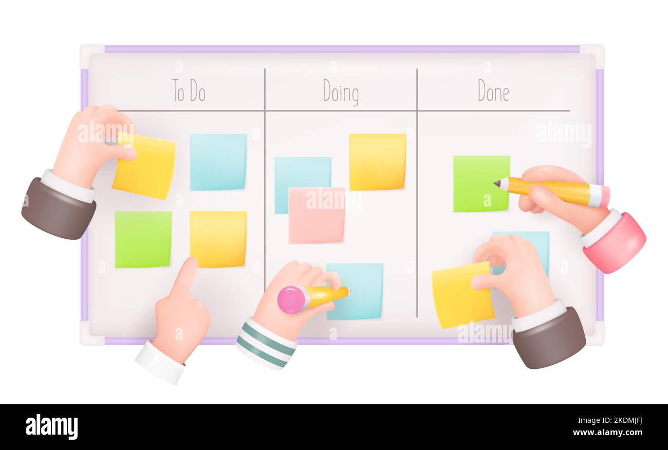 Kanban Board With Color Sticky Notes And Writing Hands Scrum Board Teamwork Concept Agile
