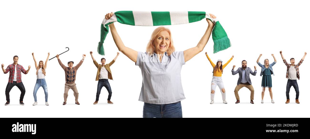Mature woman holding a scarf and people cheering in the back isolated ...