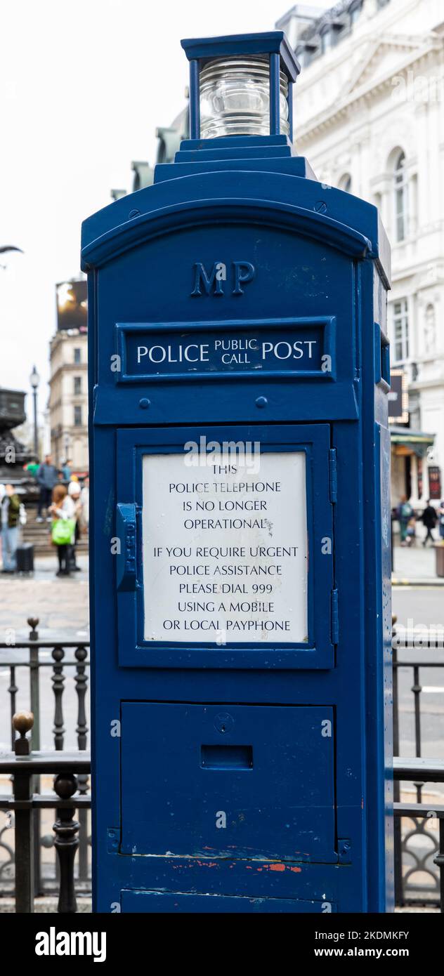 Old blue Police Box in Piccadilly Circus, London Stock Photo - Alamy