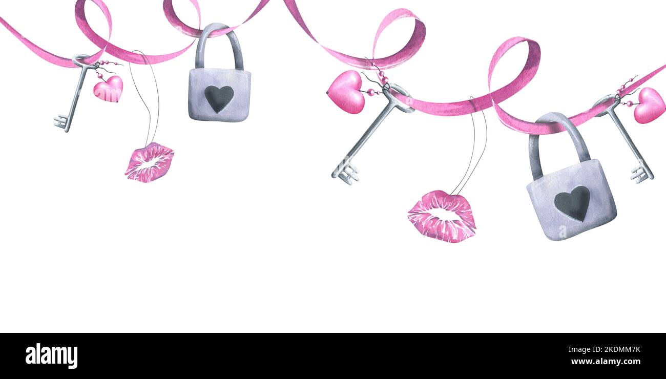 A pink ribbon with a lock, a key and kisses hanging on it. Watercolor ...