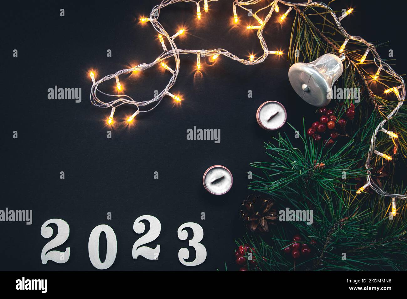 Christmas background with numbers 2023 and decor details, flat lay ...