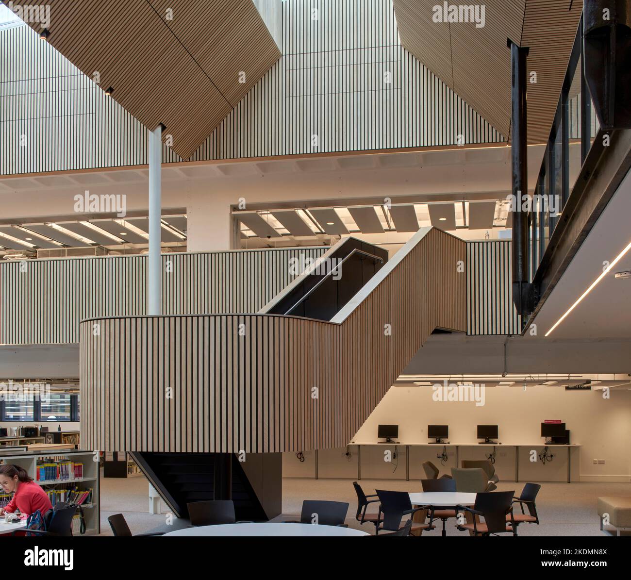 Library with curved stairway. London South Bank University, LSBU Hub ...