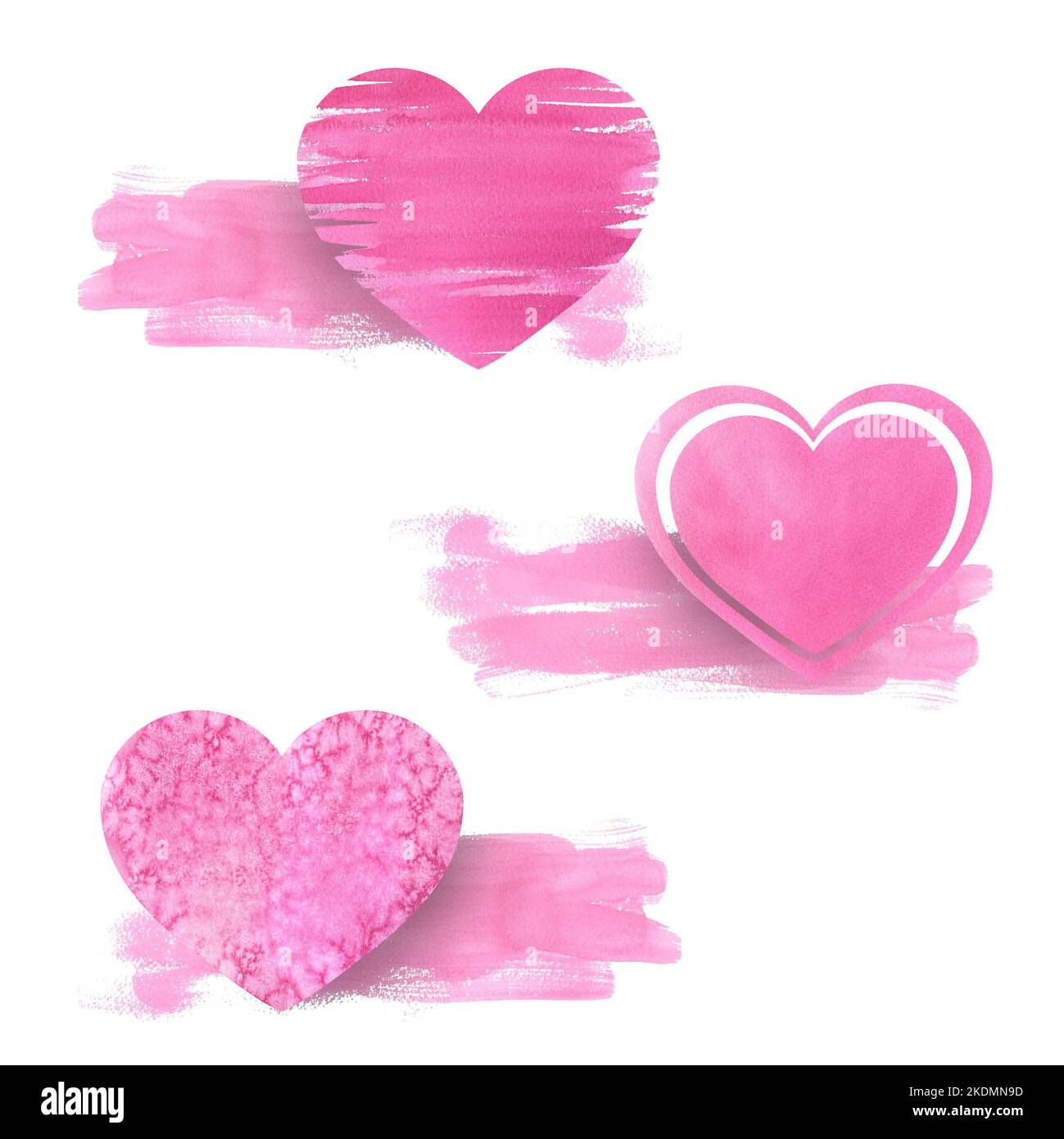 Different pink hearts on the background of watercolor strokes, spots ...