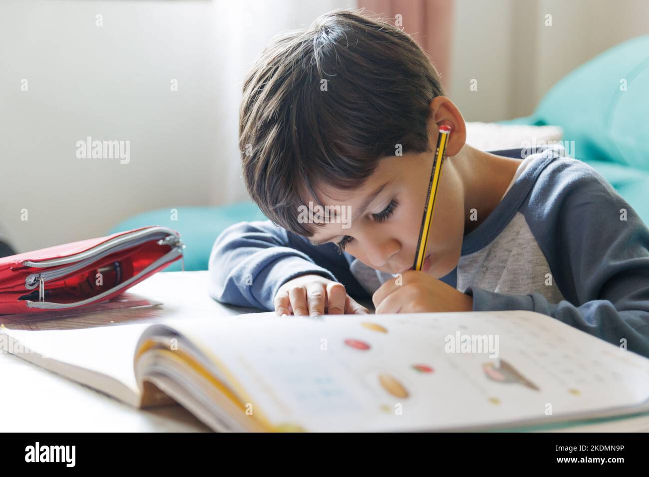Boy doing homework at home Stock Photo - Alamy