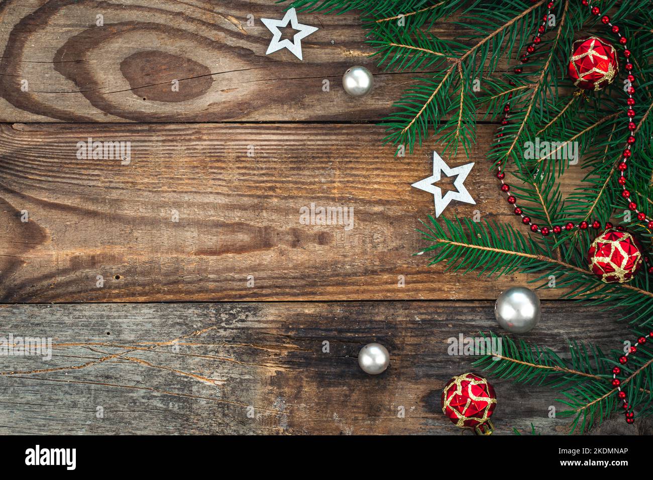 Wooden Christmas background with decor details, flat lay Stock Photo ...