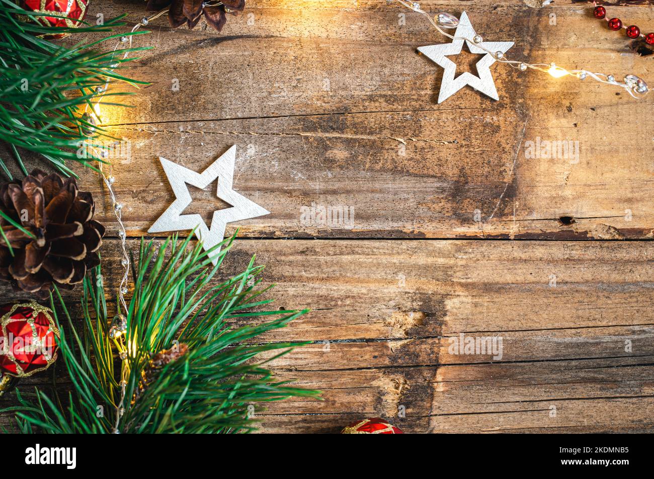 Wooden Christmas background with decor details, flat lay Stock Photo ...