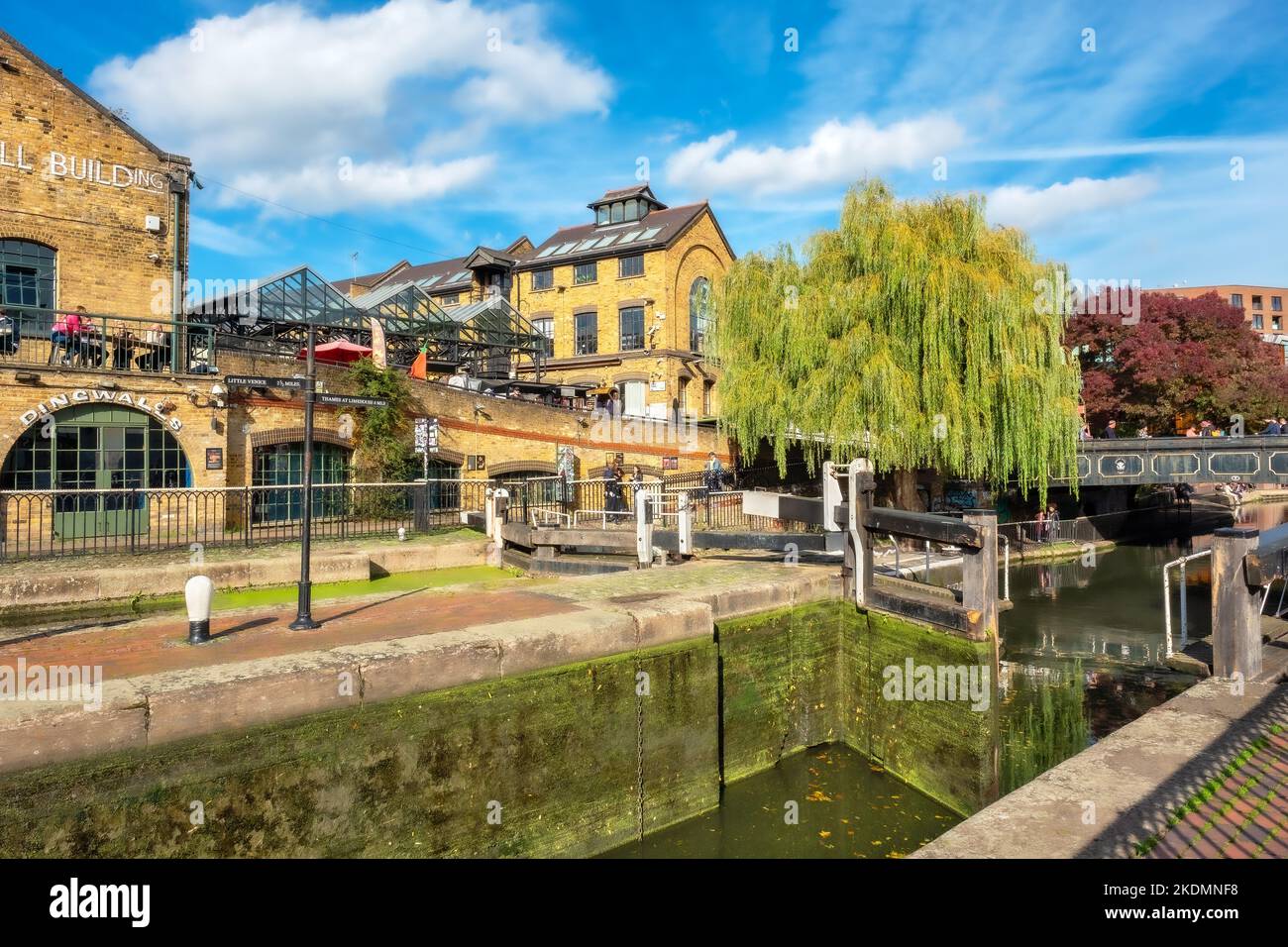 View to canal locks on the Regents Canal and market at Camden Town ...