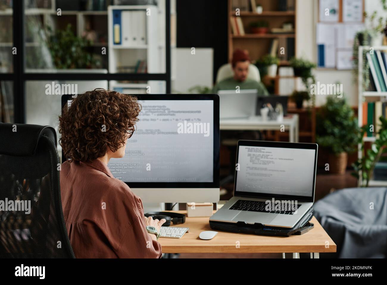 Rear view of young brunette female IT specialist sitting by desk in ...