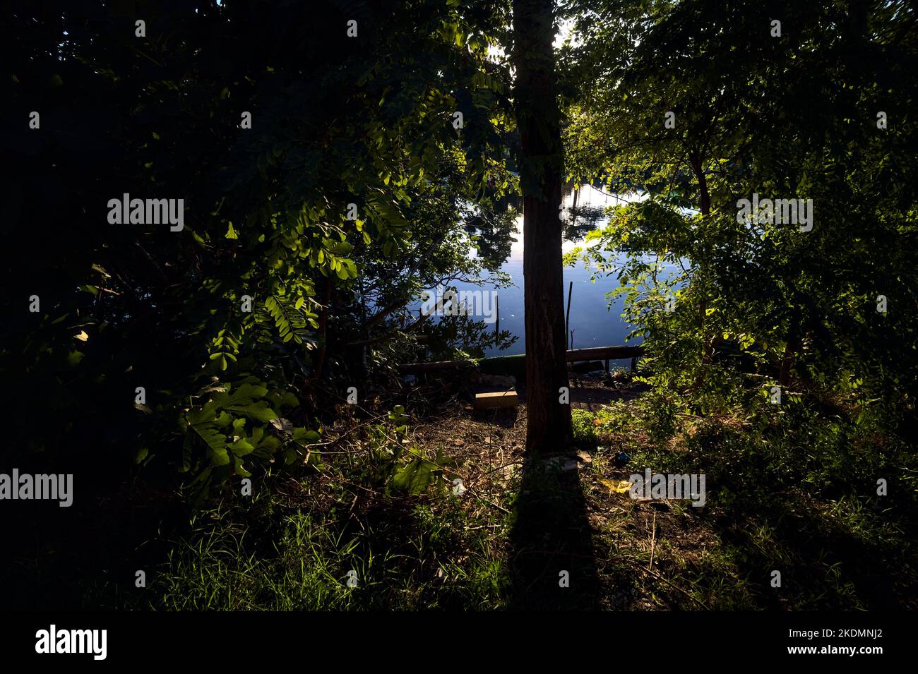 Pier in an inlet of a lake at sunset Stock Photo - Alamy