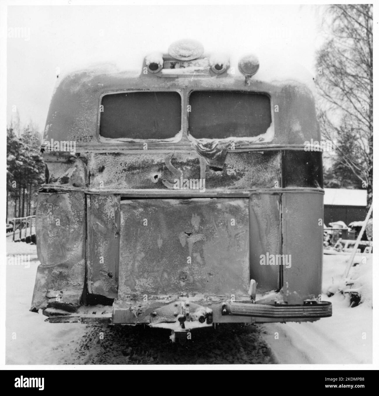 Collision -damaged bus. State Railways, SJ Bus 1887 Stock Photo - Alamy