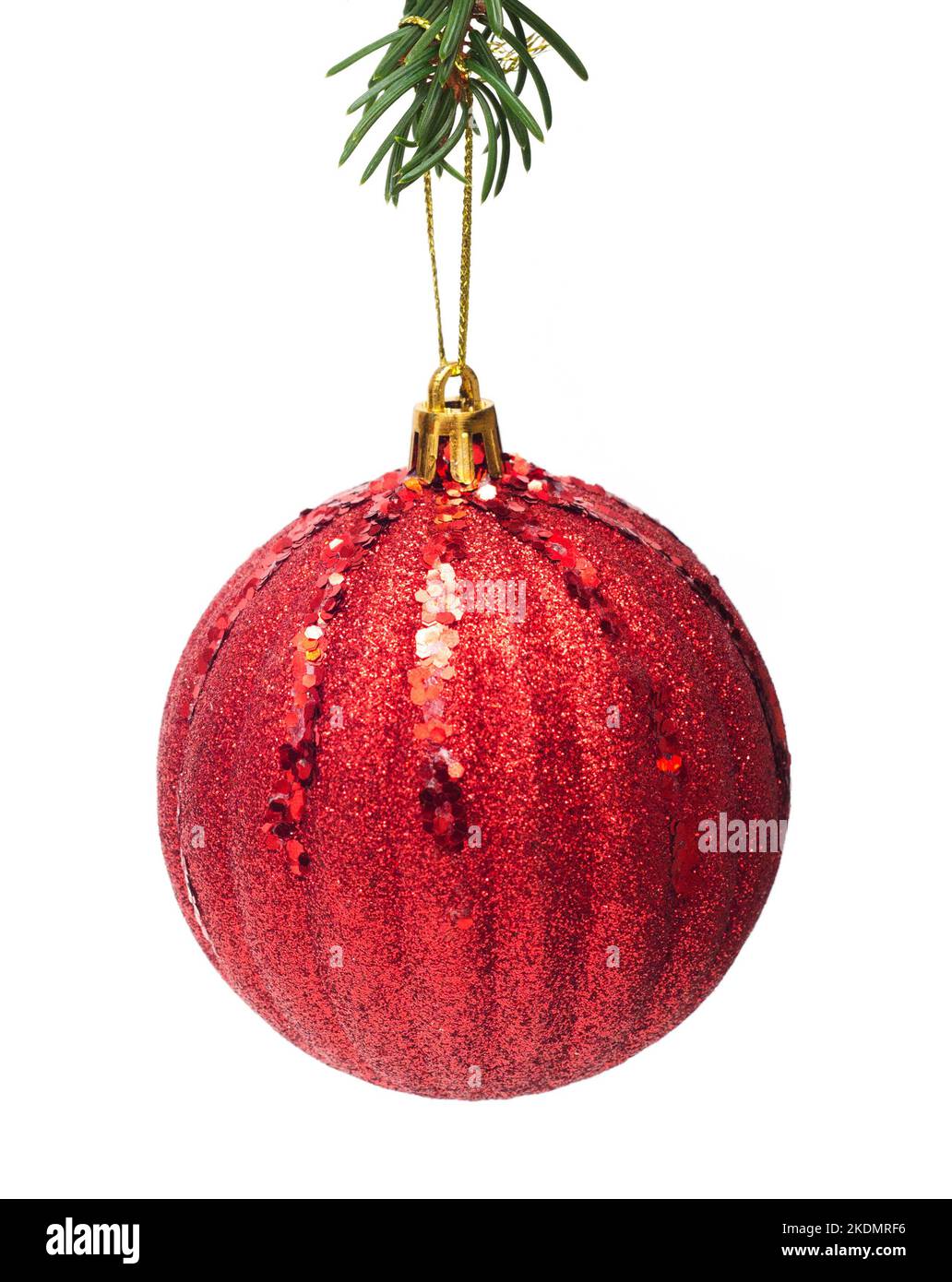 big red christmas ball is hanging on christmas tree isolated on white ...