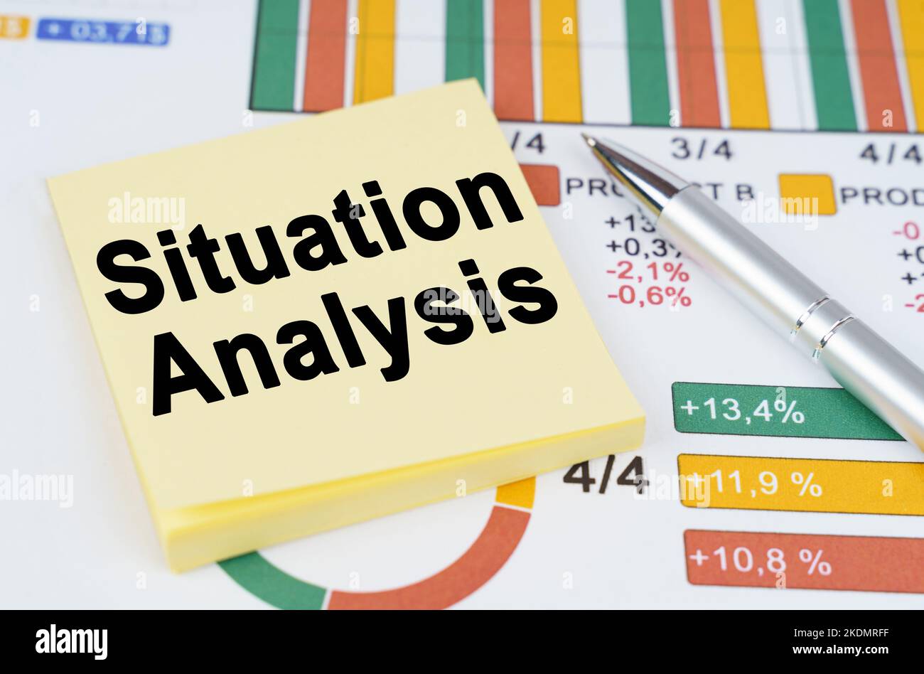 Business concept. On the business charts are a pen and stickers with ...