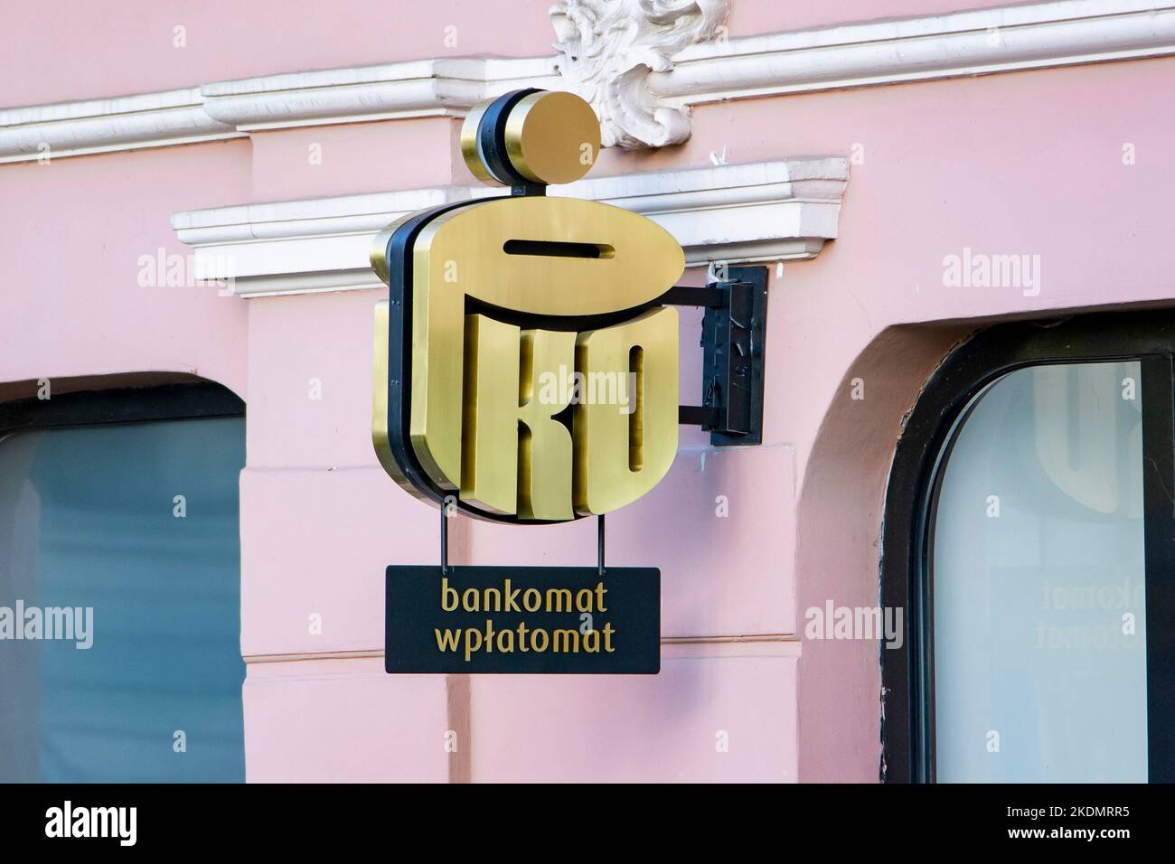 BYDGOSZCZ, POLAND - AUGUST 10, 2022: Golden Bank Polski PKO logo of ATM ...