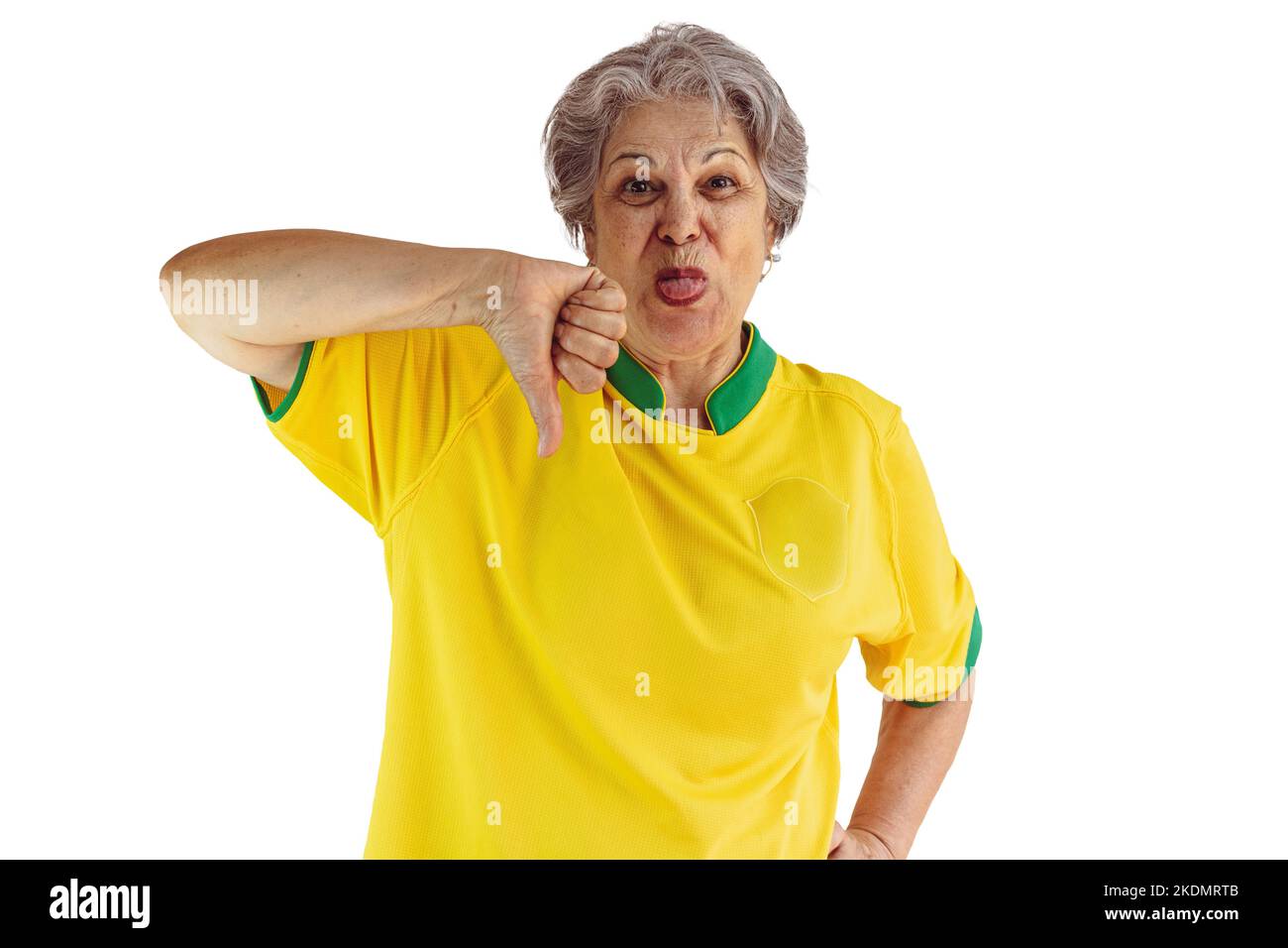 Mature Woman with Soccer Team Yellow Shirt Isolated on White. Sport Fan ...