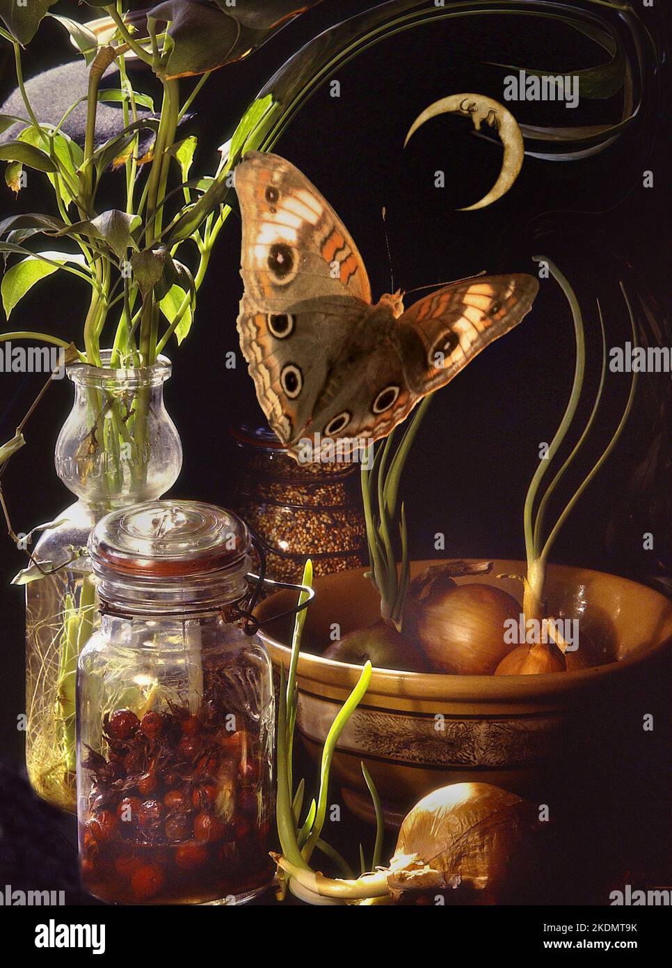 A nostalgic scene of an antique milk bottle, canning jar, old bowl ...