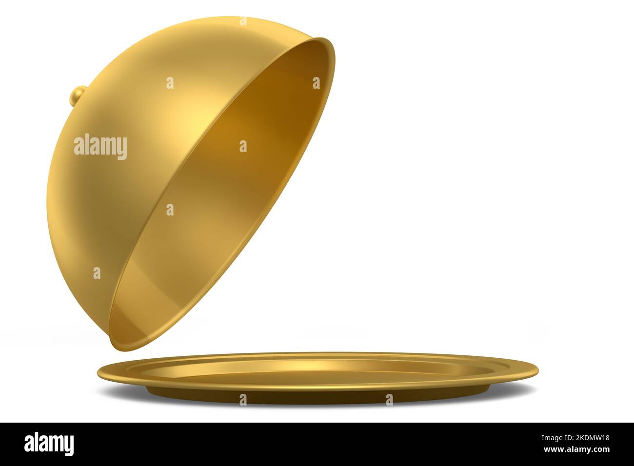 Gold tray with cloche ready to serve isolated on white background. 3d ...
