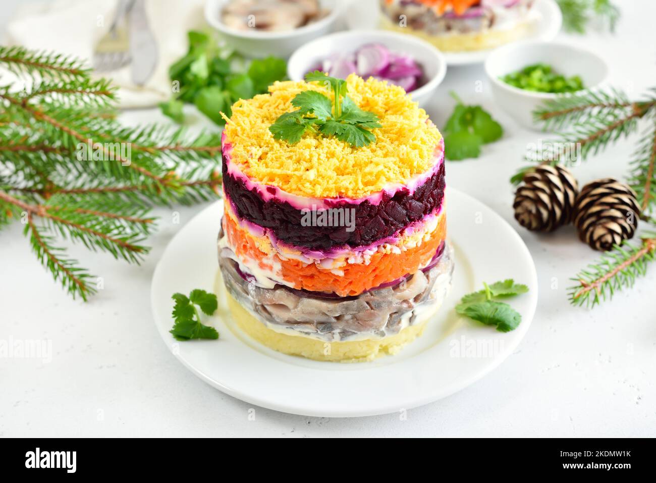 Layered salad with beet, herring, carrots and potatoes. Traditional ...