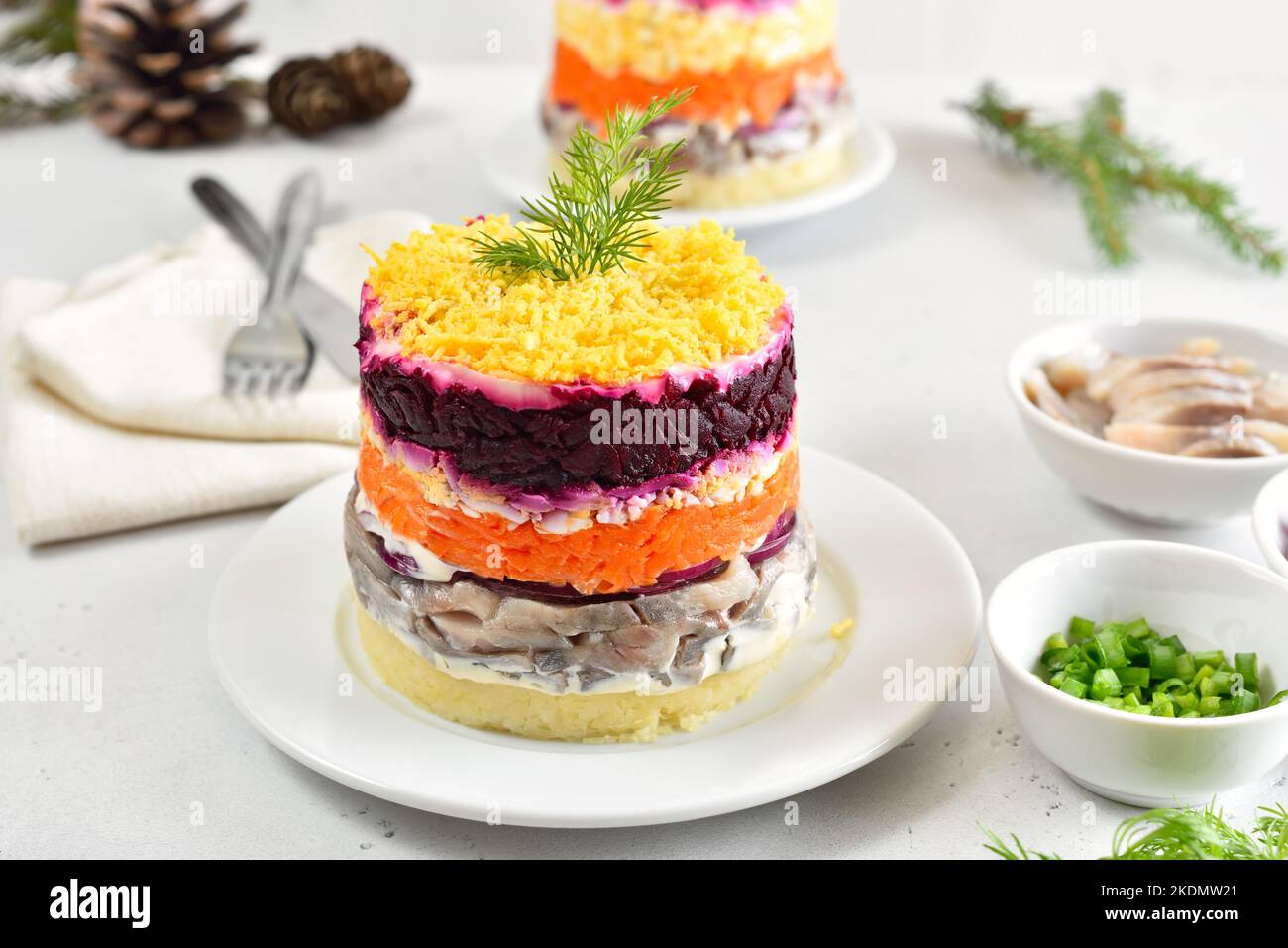 Layered salad with beet, herring, carrots and potatoes. Traditional ...