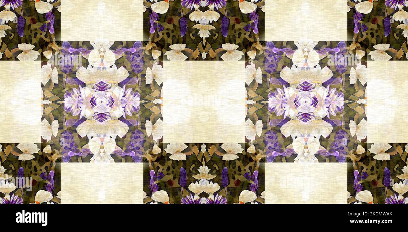 Floral patchwork quilt seamless border. Ornate geo swatch for exotic ...