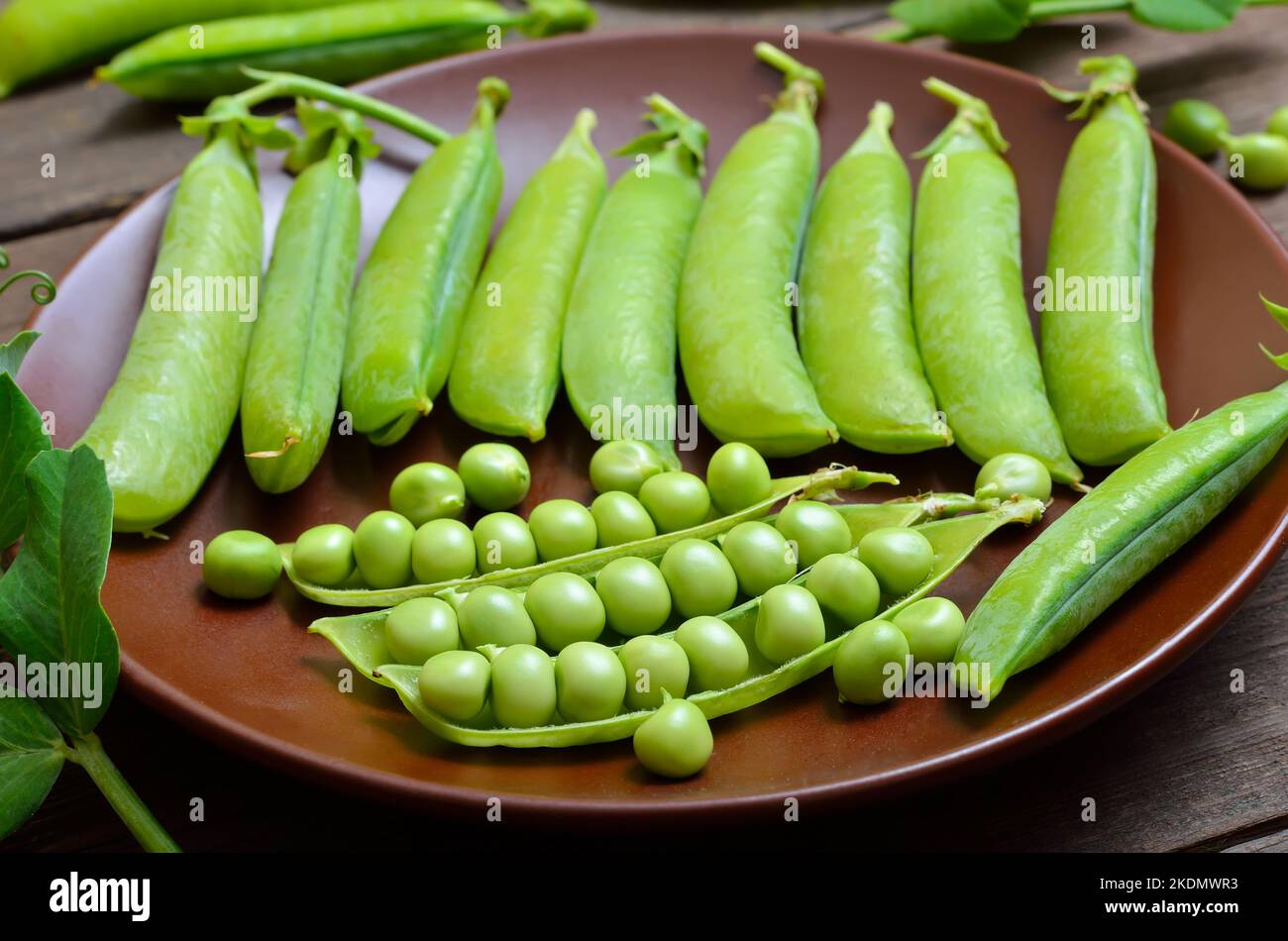 Juicy pods of green peas on plate, close up view Stock Photo - Alamy