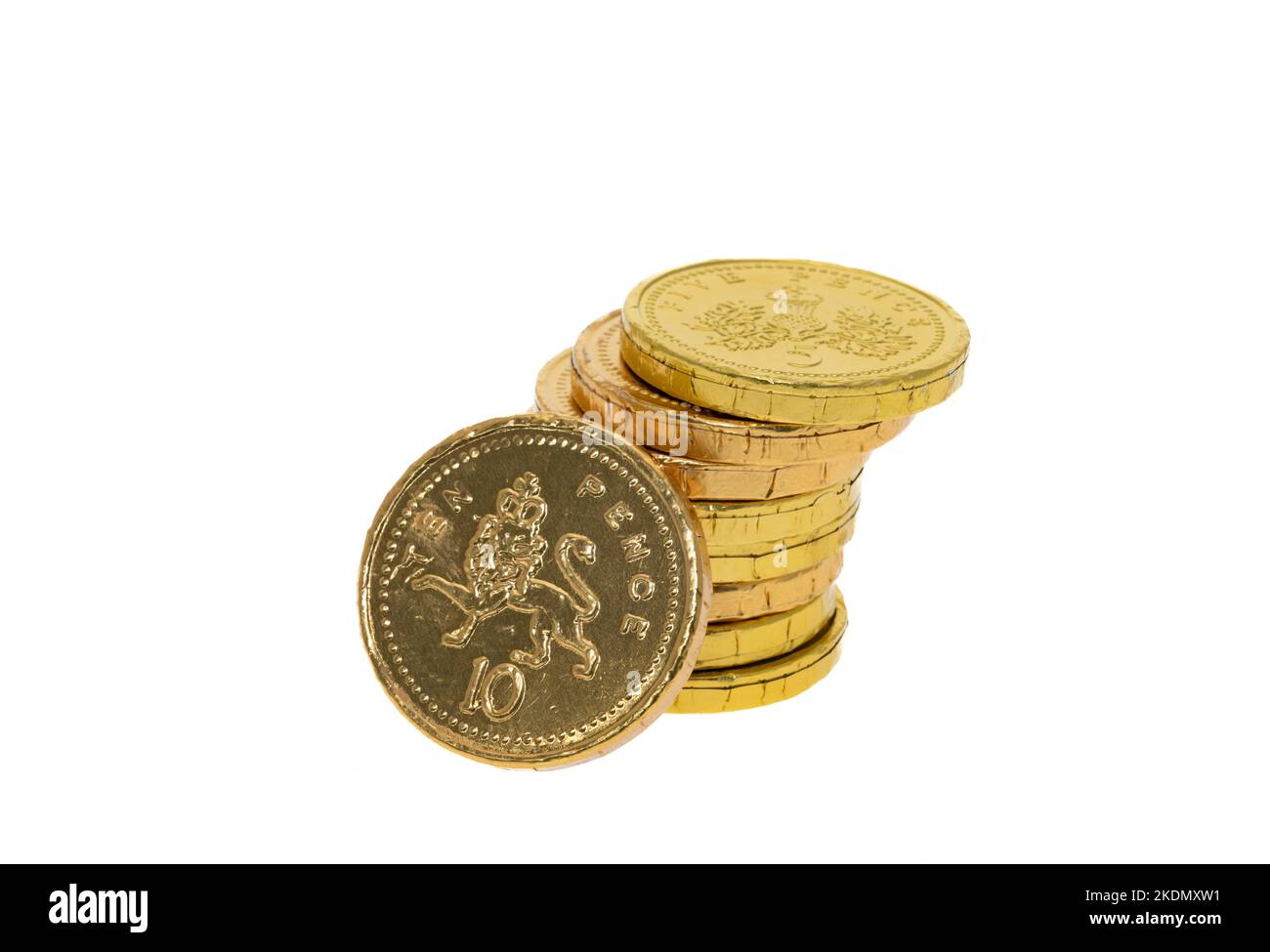 Gold chocolate coins - UK currency Stock Photo - Alamy