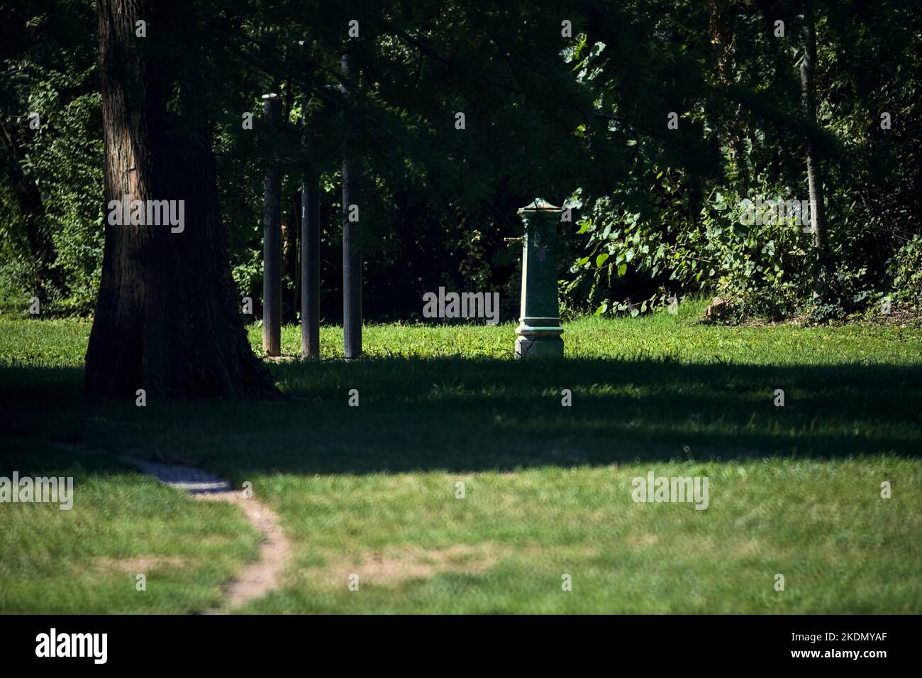Public fountain under a tree next to a dirt path in a park Stock Photo ...