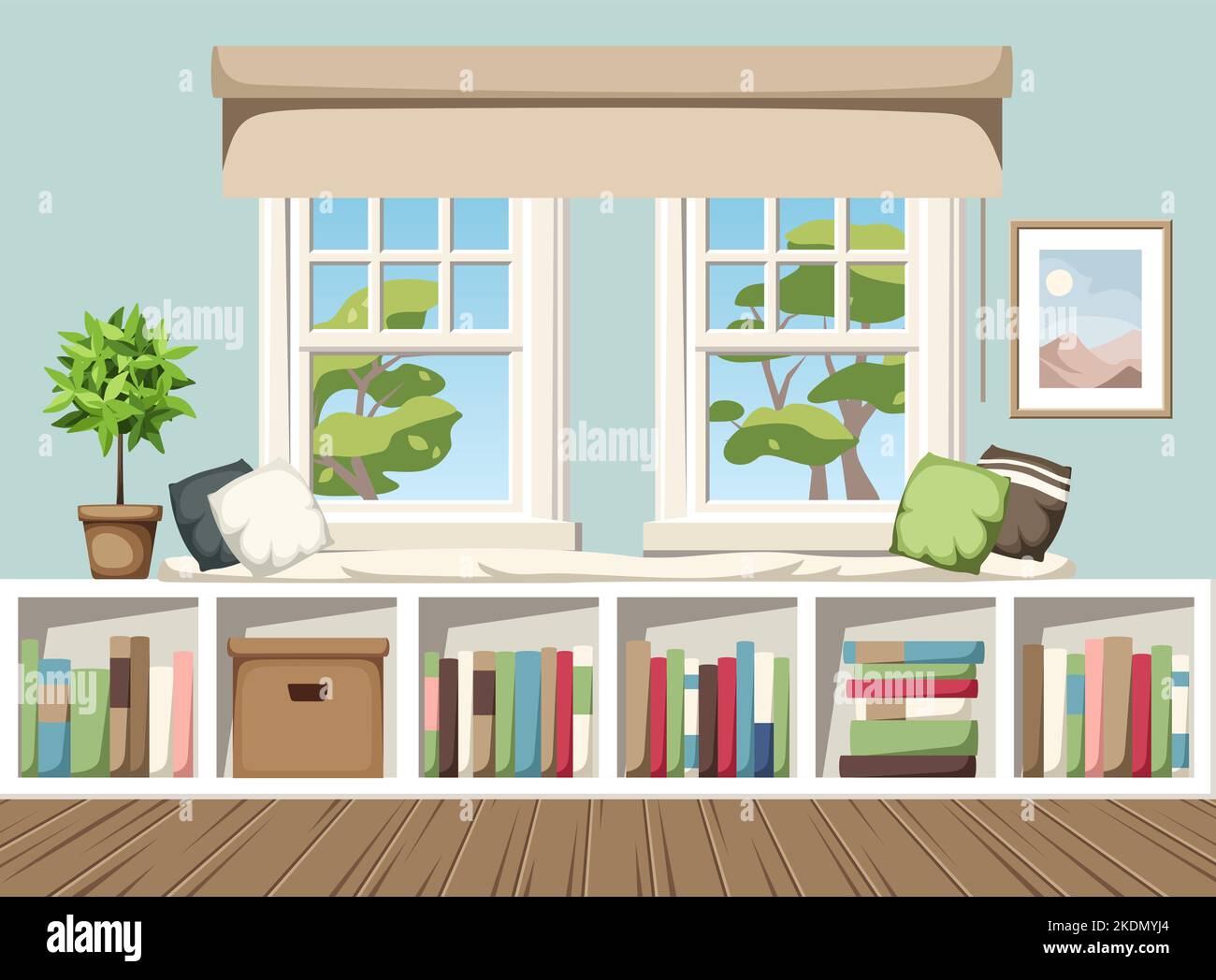 Room interior design with a window seat and a bookshelf under the ...