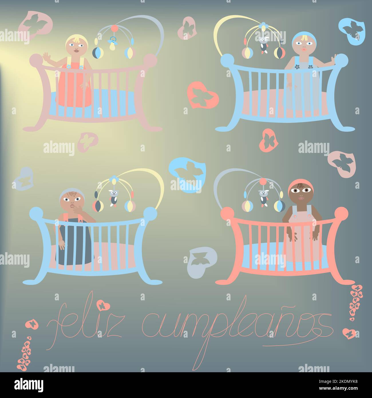 greeting card with babies in cradles with a congratulatory inscription ...