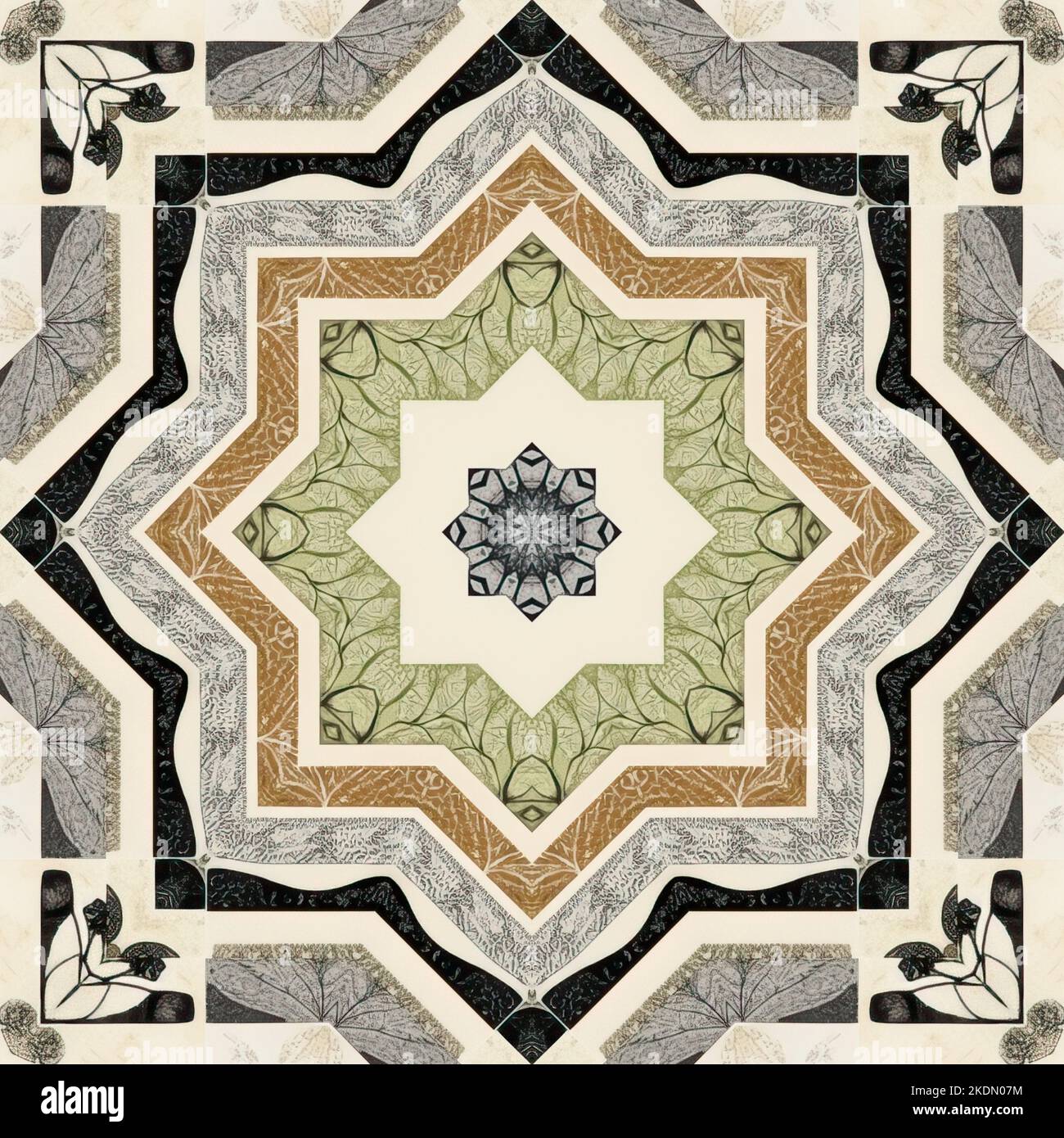 Forest green decorative damask seamless pattern. Geometric kaleidoscope ...