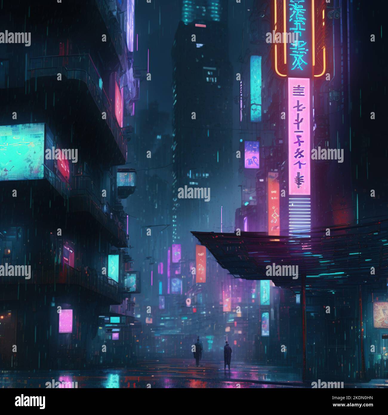 Rainy neon night in a cyberpunk city street Stock Photo - Alamy