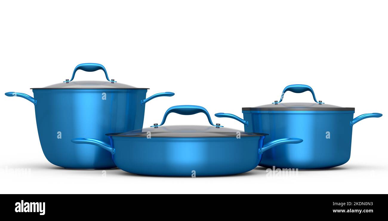 Set of stainless steel stewpot, frying pan and chrome plated aluminum ...