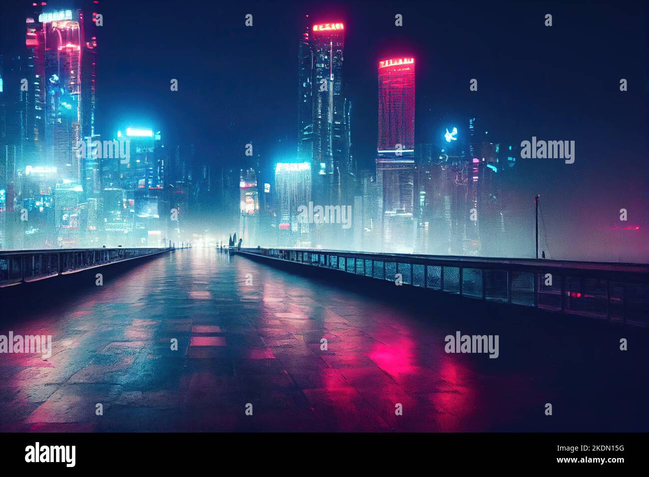 Rainy neon night in a cyberpunk city bridge Stock Photo - Alamy