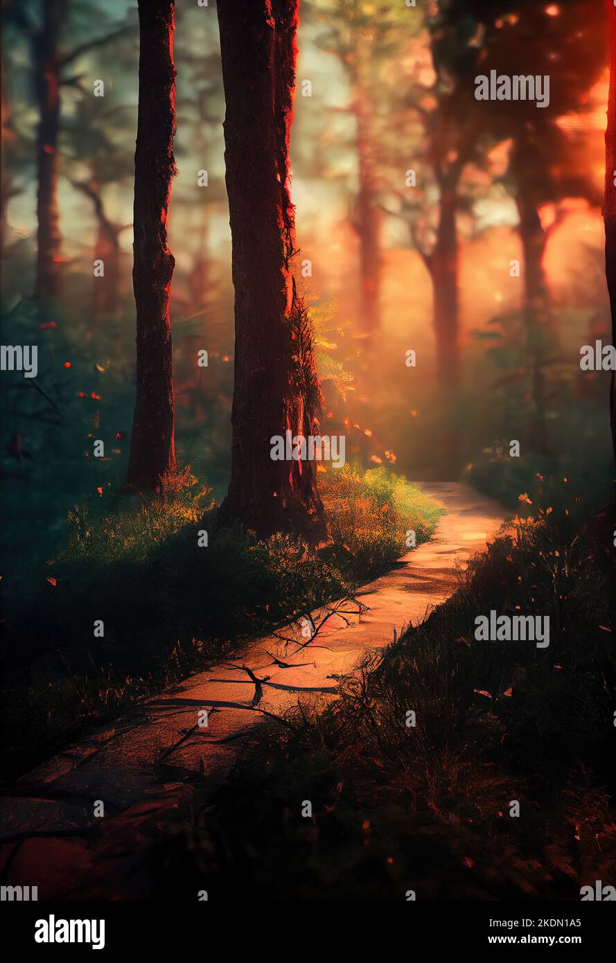 Path through Enchanted forest during sunset. 3d illustration, fantasy ...