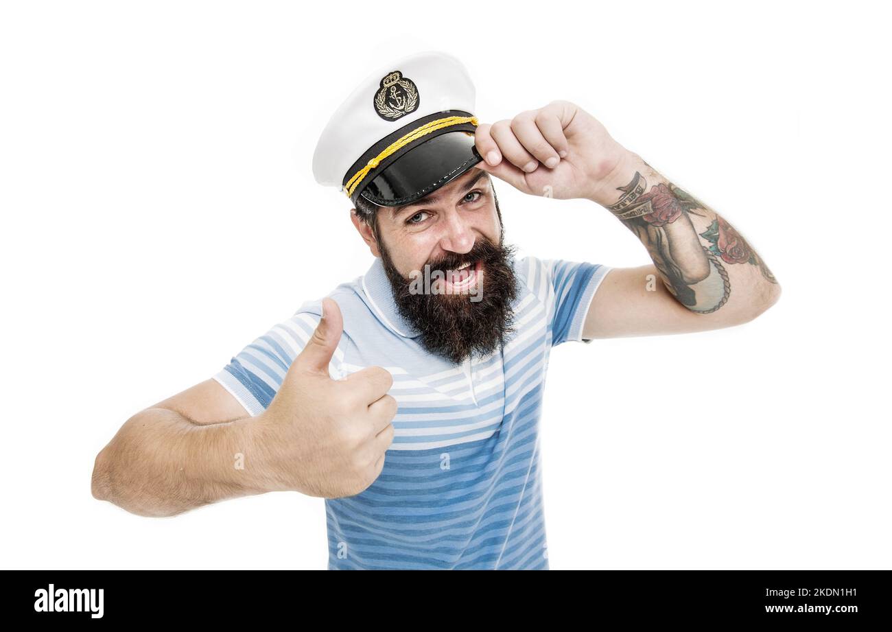 Welcome aboard. Sailor man give salute and thumbs up. Bearded man ...