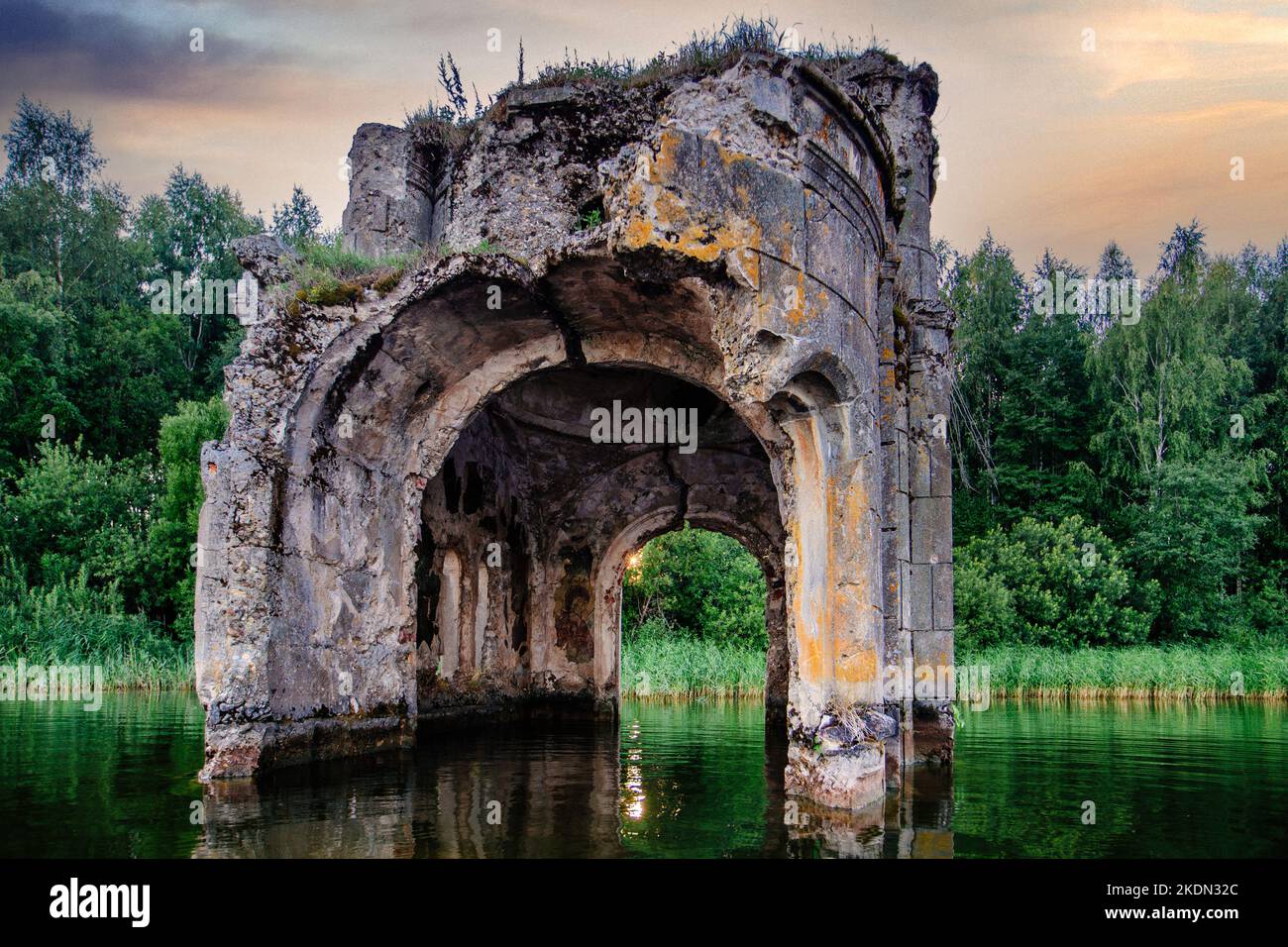 Old flooded ruined abandoned church. Ancient ruins on water Stock Photo ...