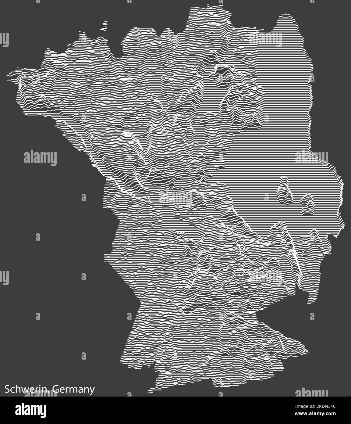 Topographic negative relief map of the city of SCHWERIN, GERMANY with ...