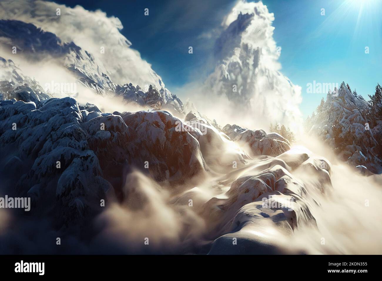 A massive snow avalanche has taken place in the mountain. A snow ...